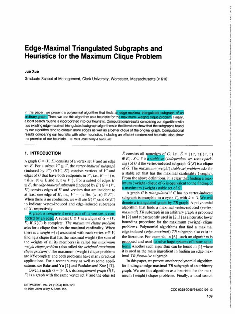 Edge-Maximal Triangulated Subgraphs and Heuristics For The Maximum Clique Problem | PDF ...