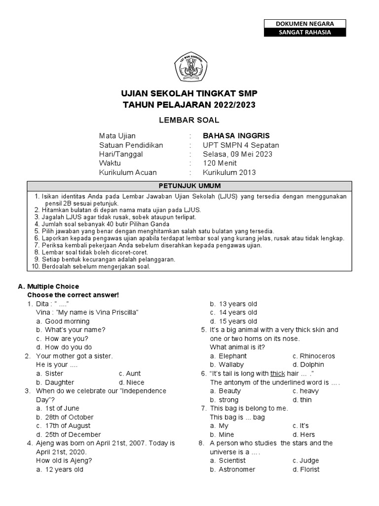 04 Soal Us SMP - B Inggris | PDF | Camera