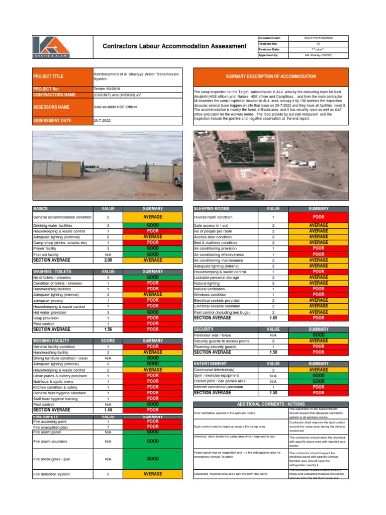 Monthly HSE Inspection of Target Workers Camp Dated 20.7.2022 | PDF ...