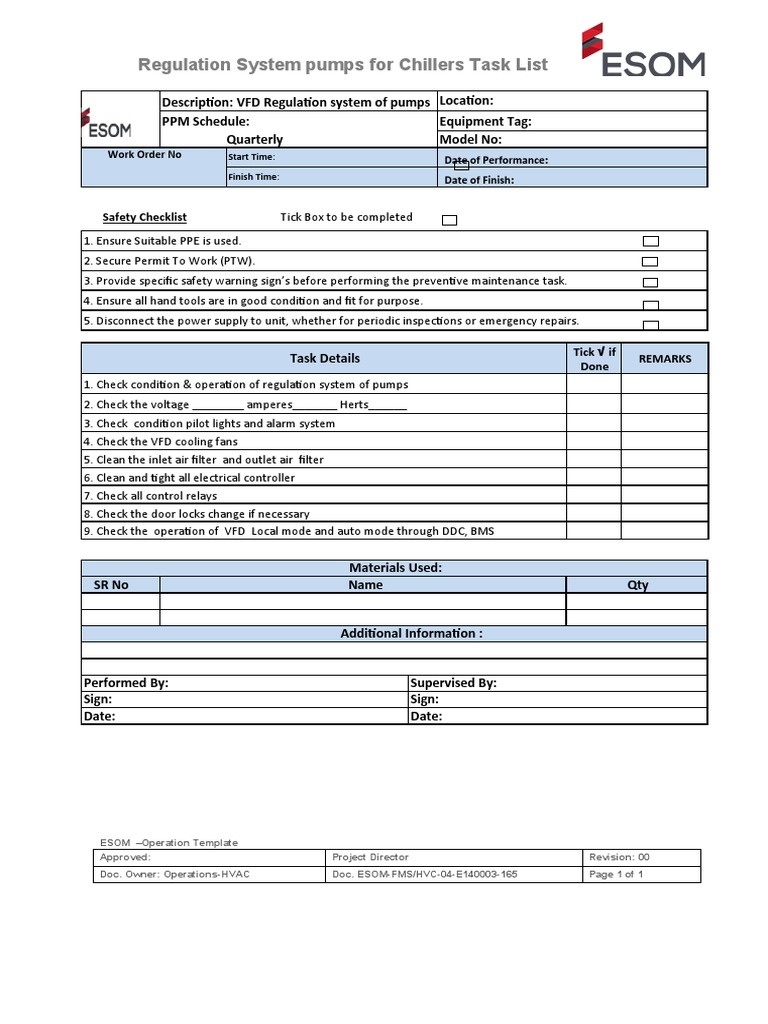 Pumps System Regulation Checklist For PPM | PDF