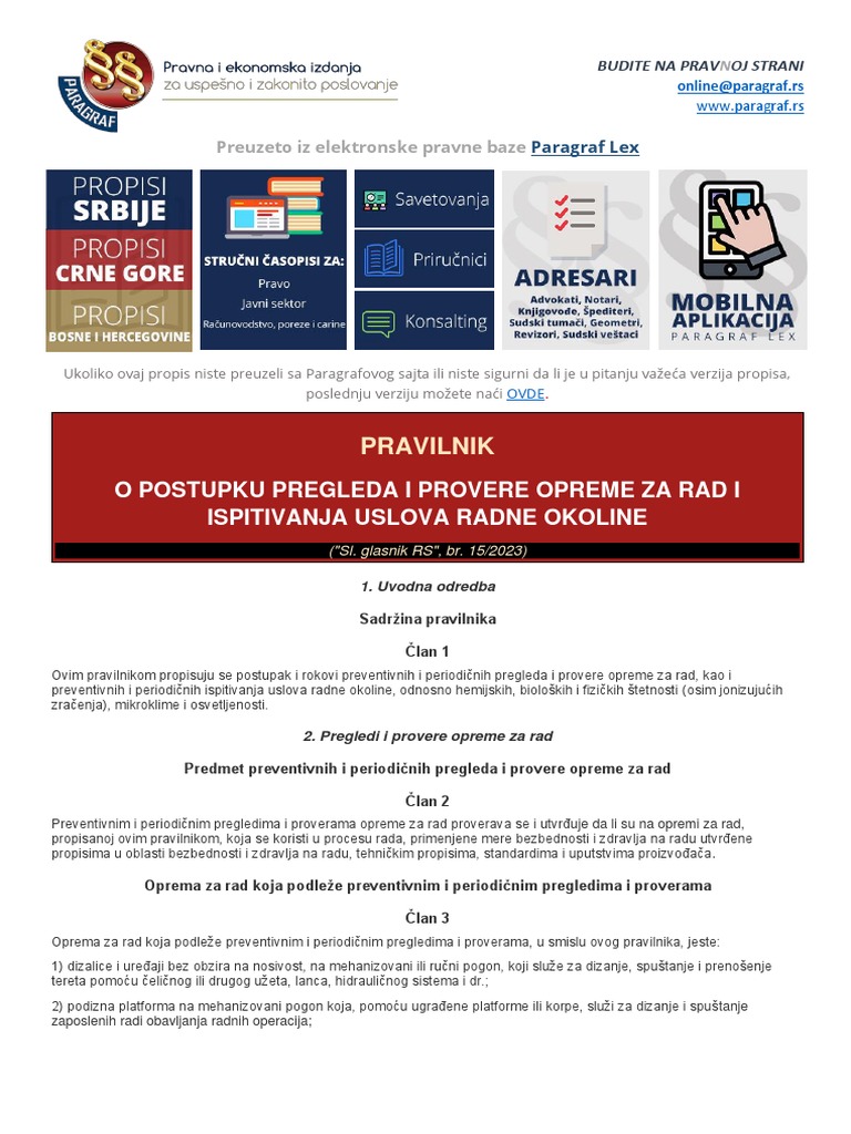 Pravilnik o Postupku Pregleda I Provere Opreme Za Rad I Ispitivanja Uslova Radne Okoline | PDF