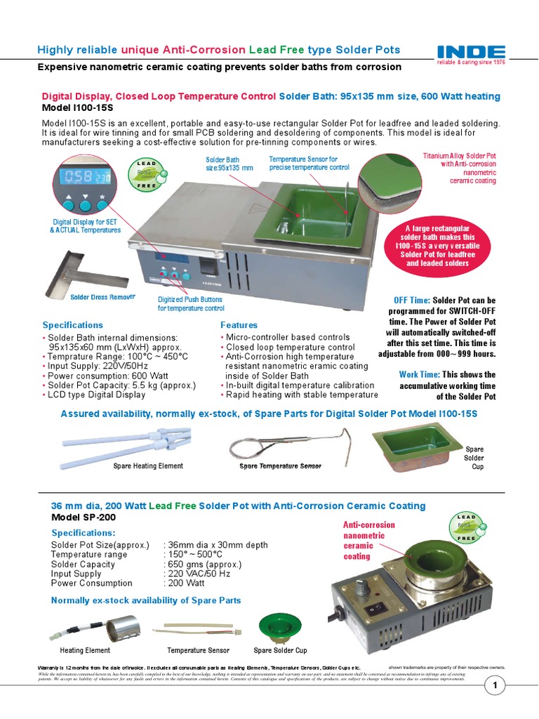 I100-15S and SP200 Leadfree Solder Pots | PDF | Solder | Soldering