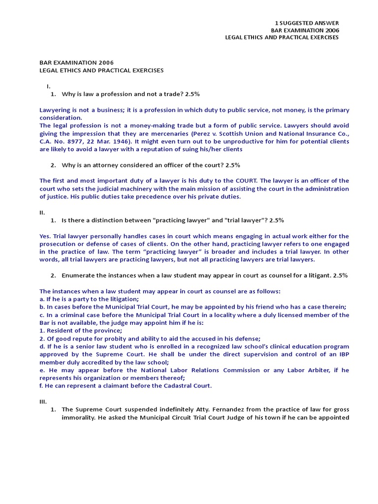 BAR EXAMINATION 2006 - LegalEthicsandPracticalExercises | PDF | Lawyer ...