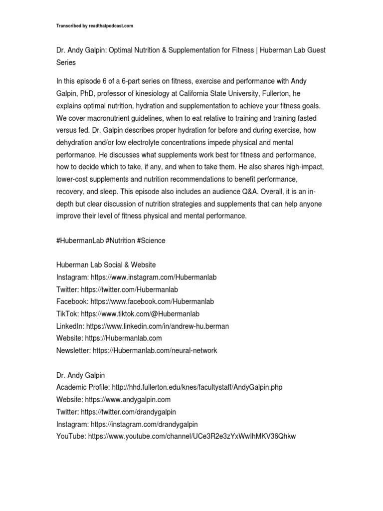 118 DR Andy Galpin Optimal Nutrition & Supplementation For Fitness Huberman Lab Guest Series ...