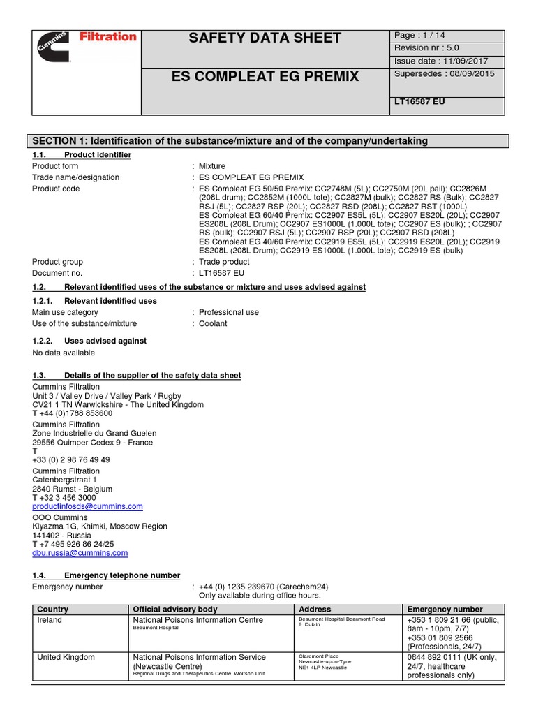 MSDS Fleetguard ES Complete EG Premix LT16587 EN | PDF | Melting Point ...