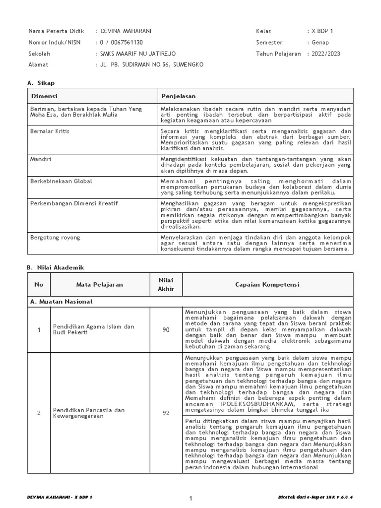 Rapor Devina Maharani - X BDP 1 | PDF | Sains & Matematika