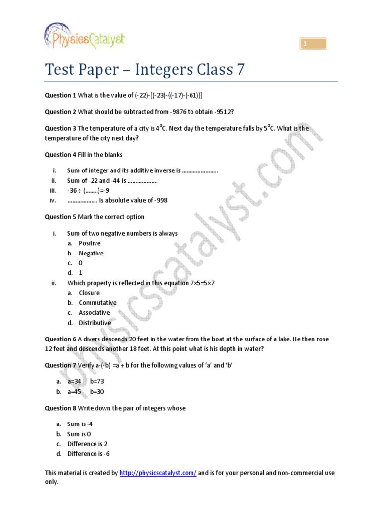Test Paper Integers 1 | PDF | Integer | Elementary Mathematics