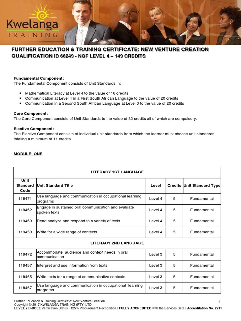 Further Education and Training Certificate New Venture Creation NQF ...