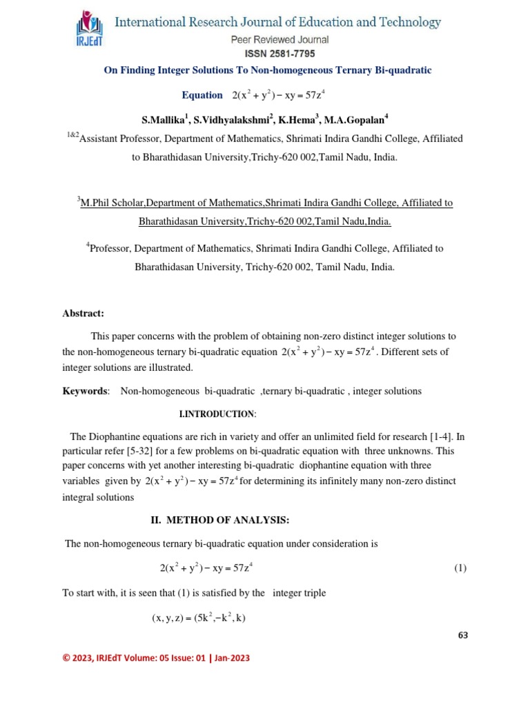 Integer Solutions for Ternary Bi-quadratic Equation | PDF | Equations ...