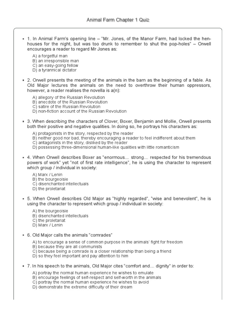 Animal Farm Chapter 1 Quiz Overview | PDF | Art | General Fiction