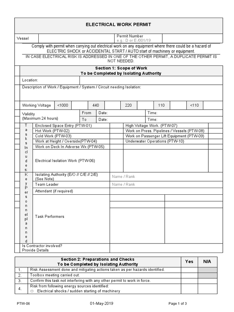 PTW-06 Electrical Work Permit | PDF | Electrical Engineering | Electricity