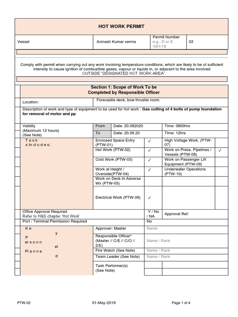 Hot Work Permit for Gas Cutting | PDF | Fires | Pipeline Transport