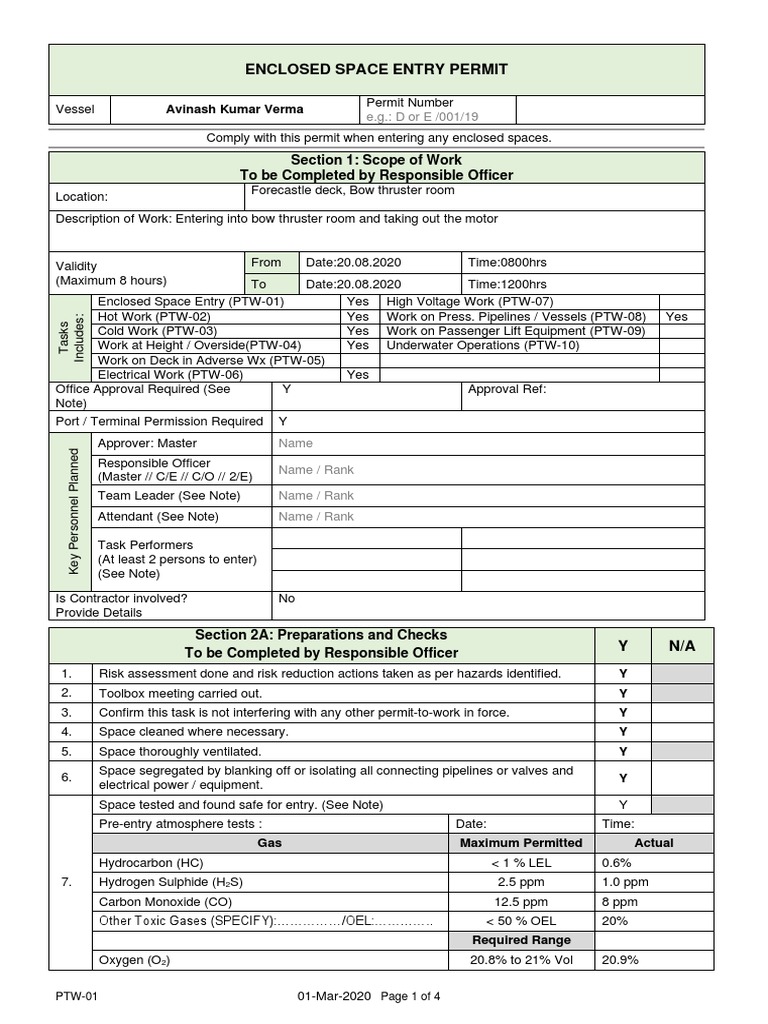 PTW-01 Enclosed Space Entry Permit (1601608066) | PDF | Safety PTW-01 Enclosed Space Entry Permit (1601608066) | PDF | Safety