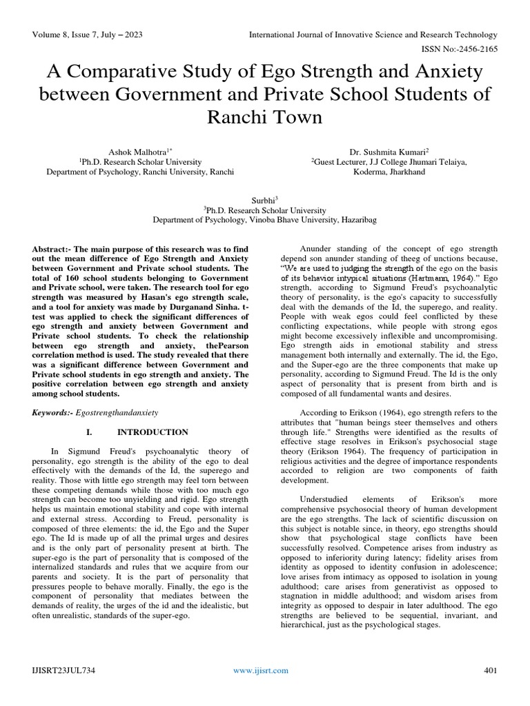 A Comparative Study of Ego Strength and Anxiety Between Government and ...