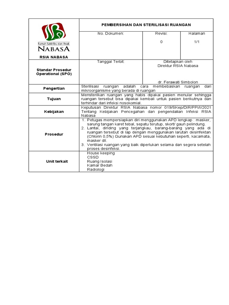 Prosedur Sterilisasi Ruangan RSIA Nabasa | PDF