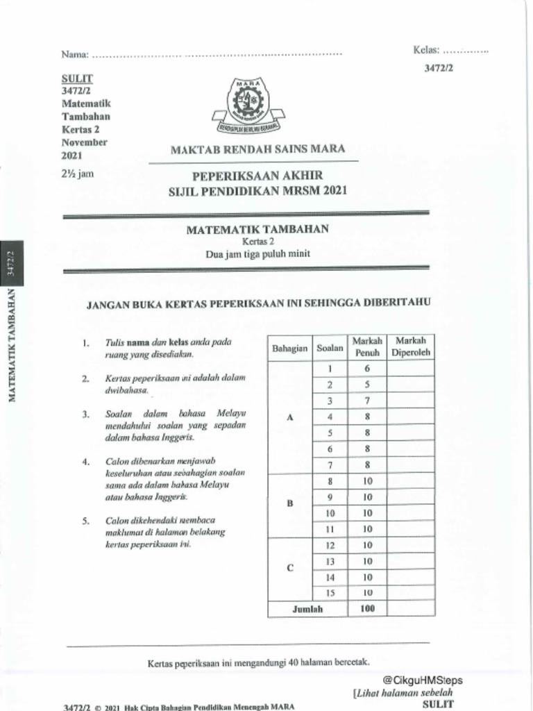 Kertas Trial Addmath Mrsm K2 2021 Skema Pdf Mathematical Concepts