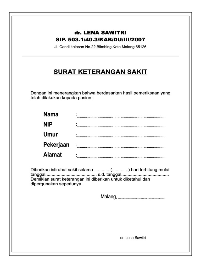 Surat Keterangan Sakit Dr. Lena Sawitri | PDF