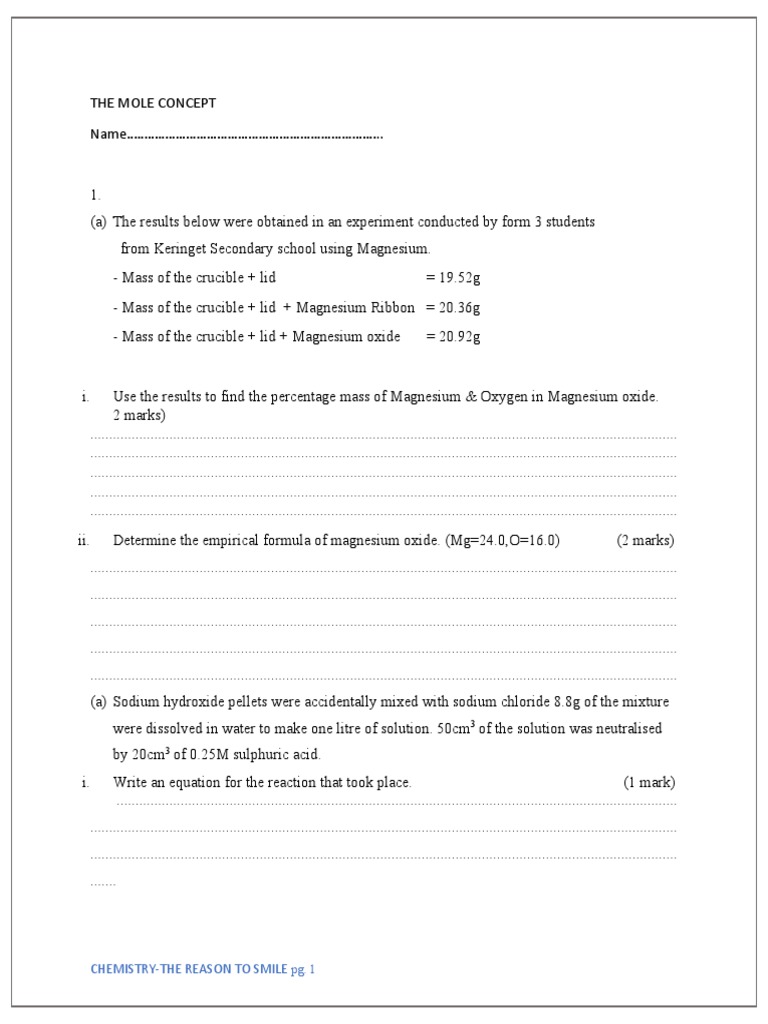 The Mole Concept Pdf Chlorine Magnesium