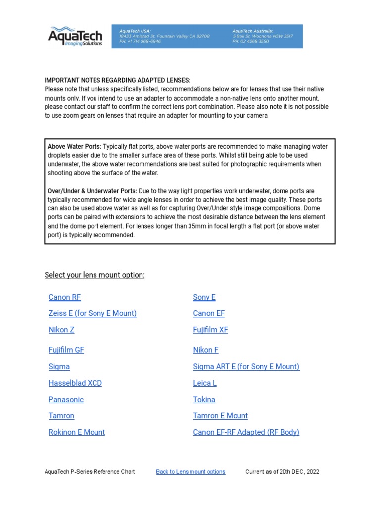 Aqua Tech P-Series - Reference - Chart - MASTER - 20.12.22 - 1 | PDF | Camera Lens | Zoom Lens