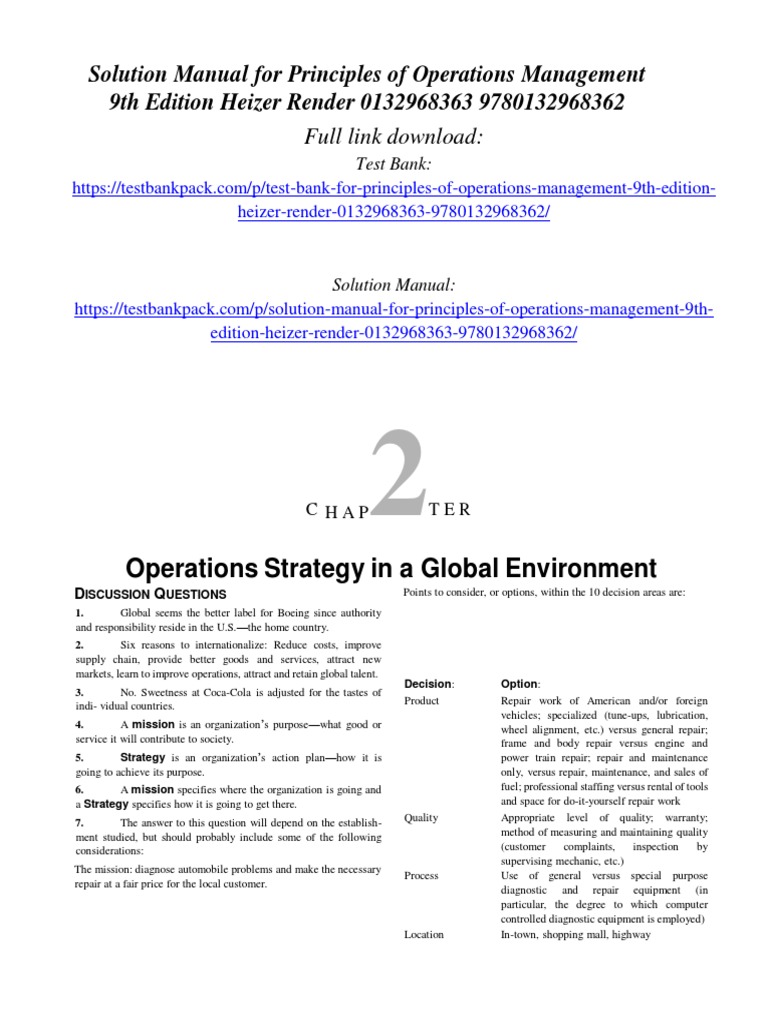 Principles of Operations Management 9th Edition Heizer Render Solution Manual | Download Free ...