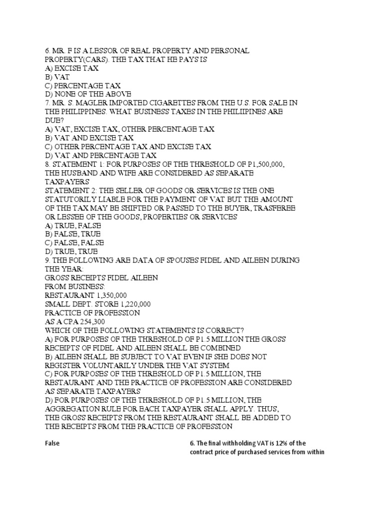 False 6. The Final Withholding VAT Is 12% of The Contract Price of ...