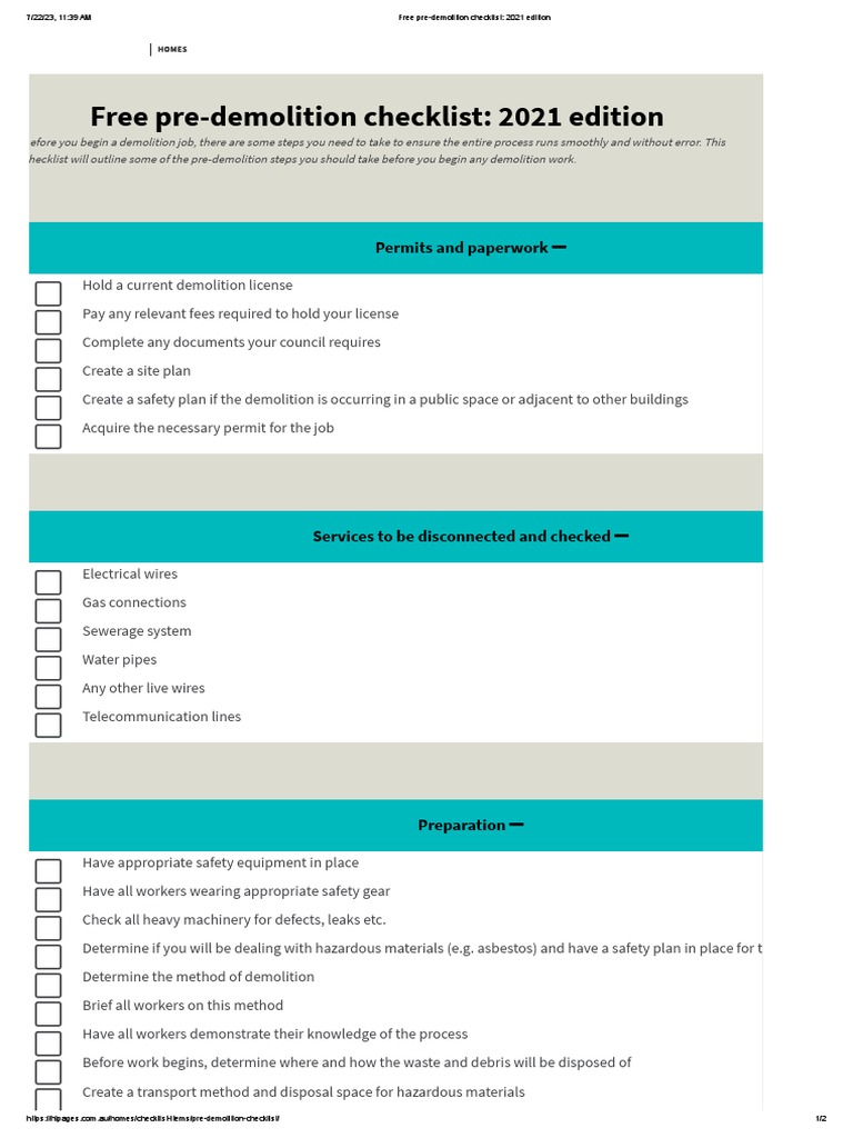 Free Pre-Demolition Checklist - 2021 Edition | PDF | Demolition | Safety