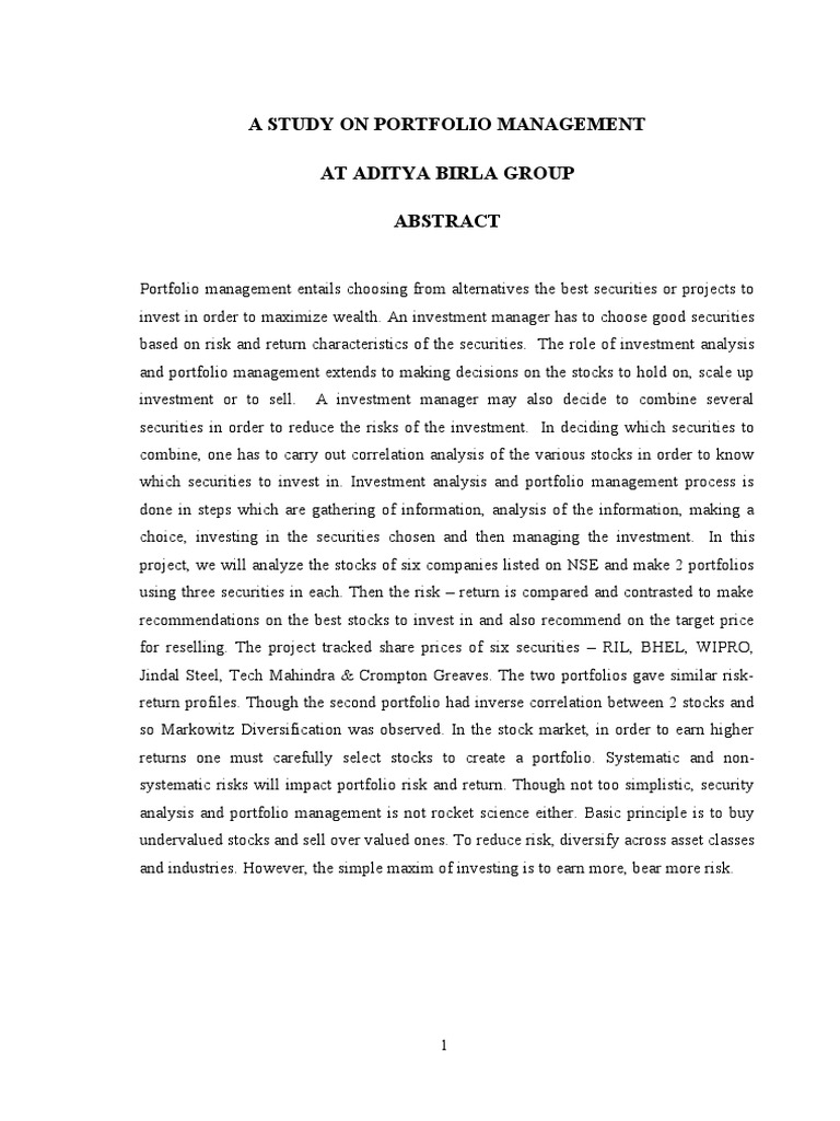 212 F Aditya Birla A Study On Portfolio Management At Aditya Birla