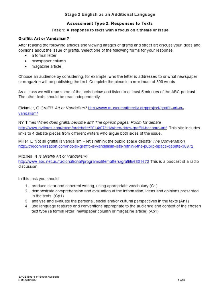 AT2 Theme or Issue - Graffiti - Art or Vandalism - C - Grade | PDF ...