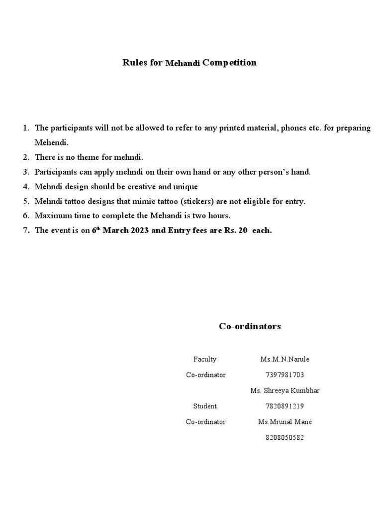 Rules For Competition: Mehandi | PDF