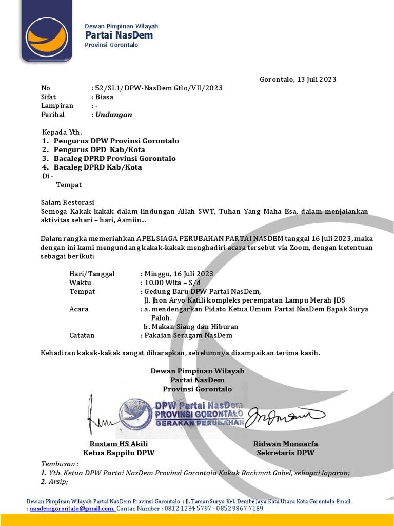 Undangan Apel Siaga NasDem Gorontalo | PDF
