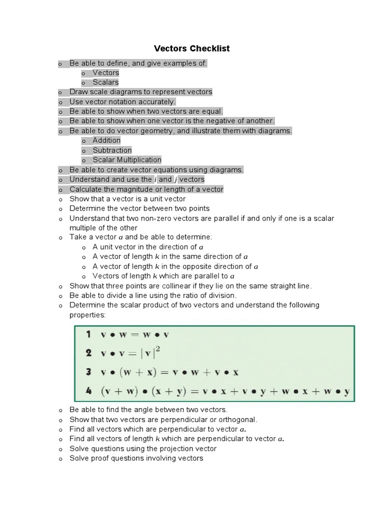 Vectors Checklist | PDF