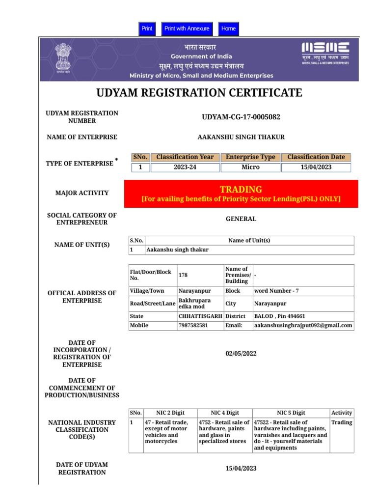 Print - Udyam Registration Certificate | PDF | Economies
