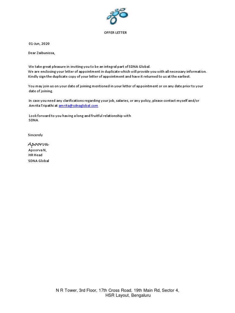 Offer Letter - Zaibunissa Naik - SDNA Global | PDF | Employment | Salary
