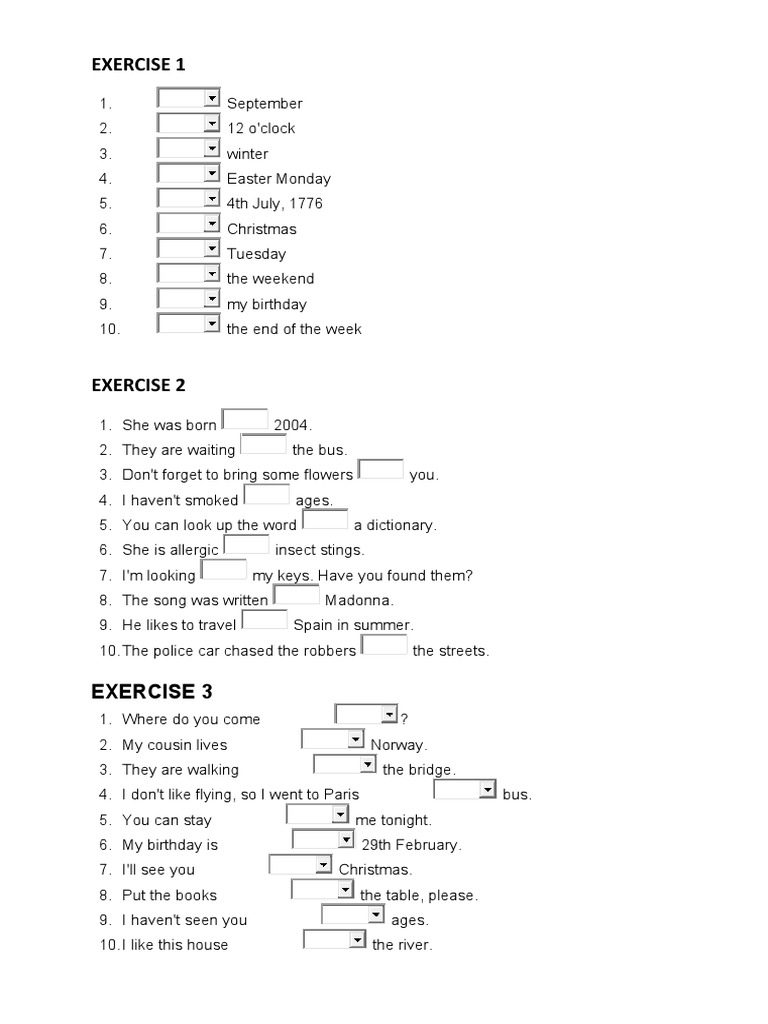 Prepositions Exercises | PDF
