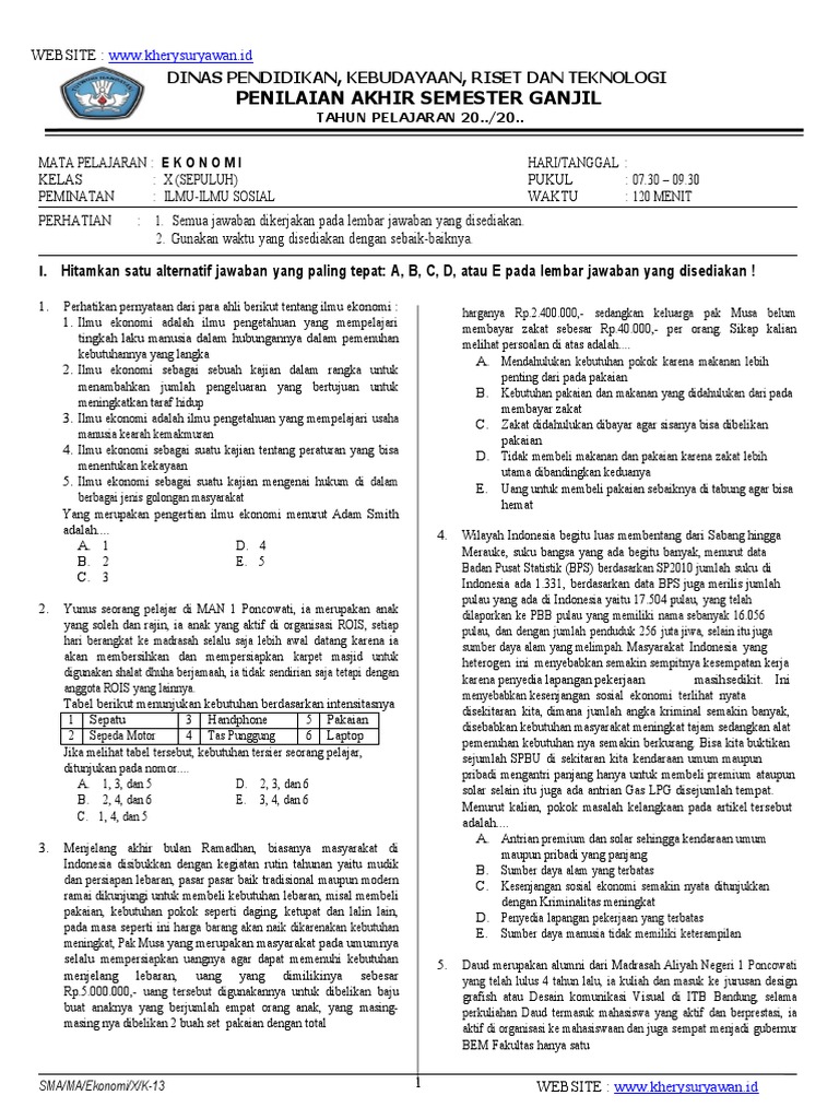 SOAL & JAWABAN PAS EKONOMI KELAS X - WEBSITE WWW - Kherysuryawan.id | PDF
