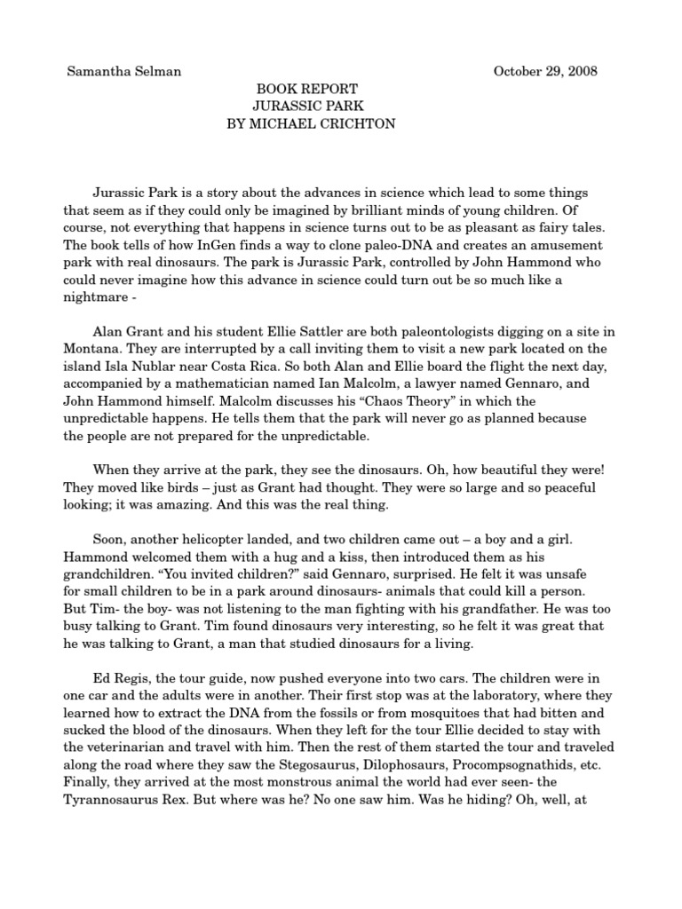 Jurassic Park Book Report Summary | PDF | Science | Paleontology