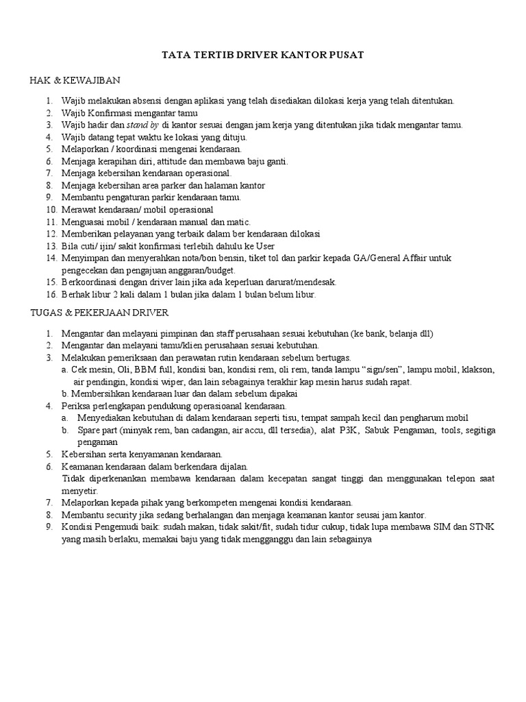 Tata Tertib Driver Kantor Pusat | PDF | Bisnis