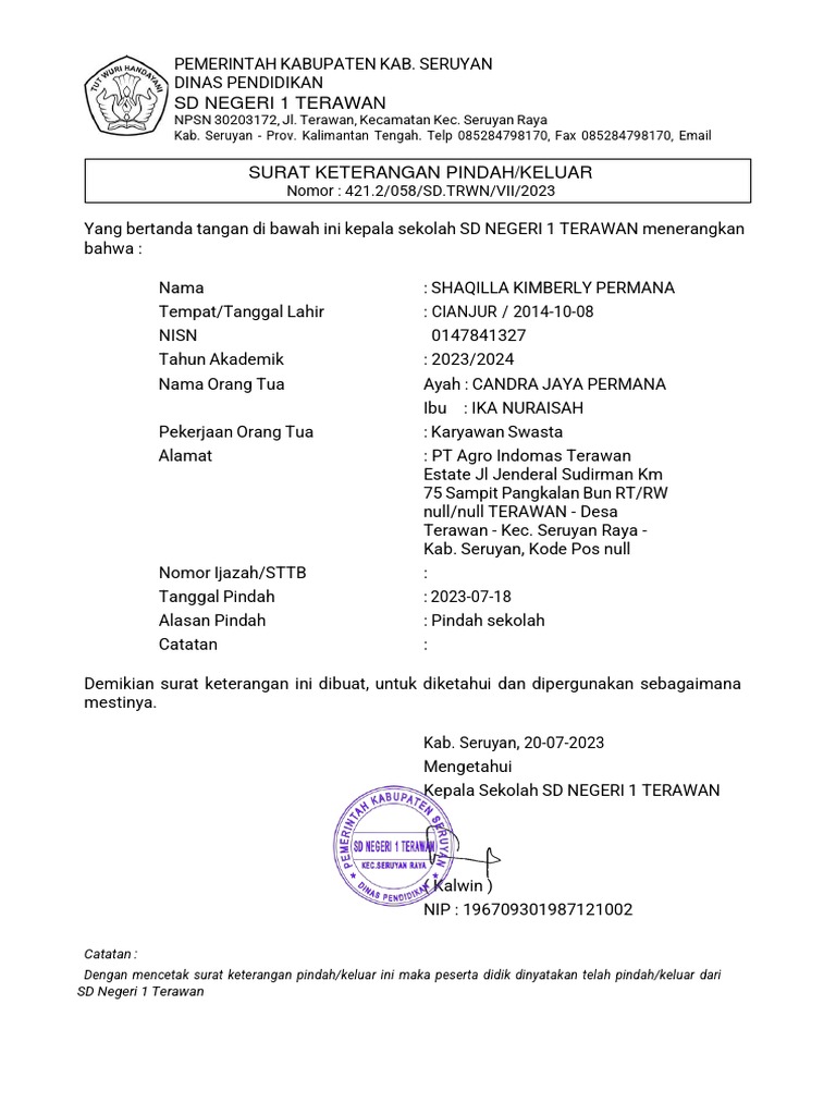 Surat Pindah Kimberly | PDF
