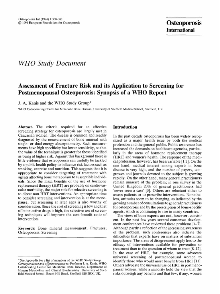 Assessment of Fracture Risk and Its Application To Screening For Postmenopausal Osteoporosis ...