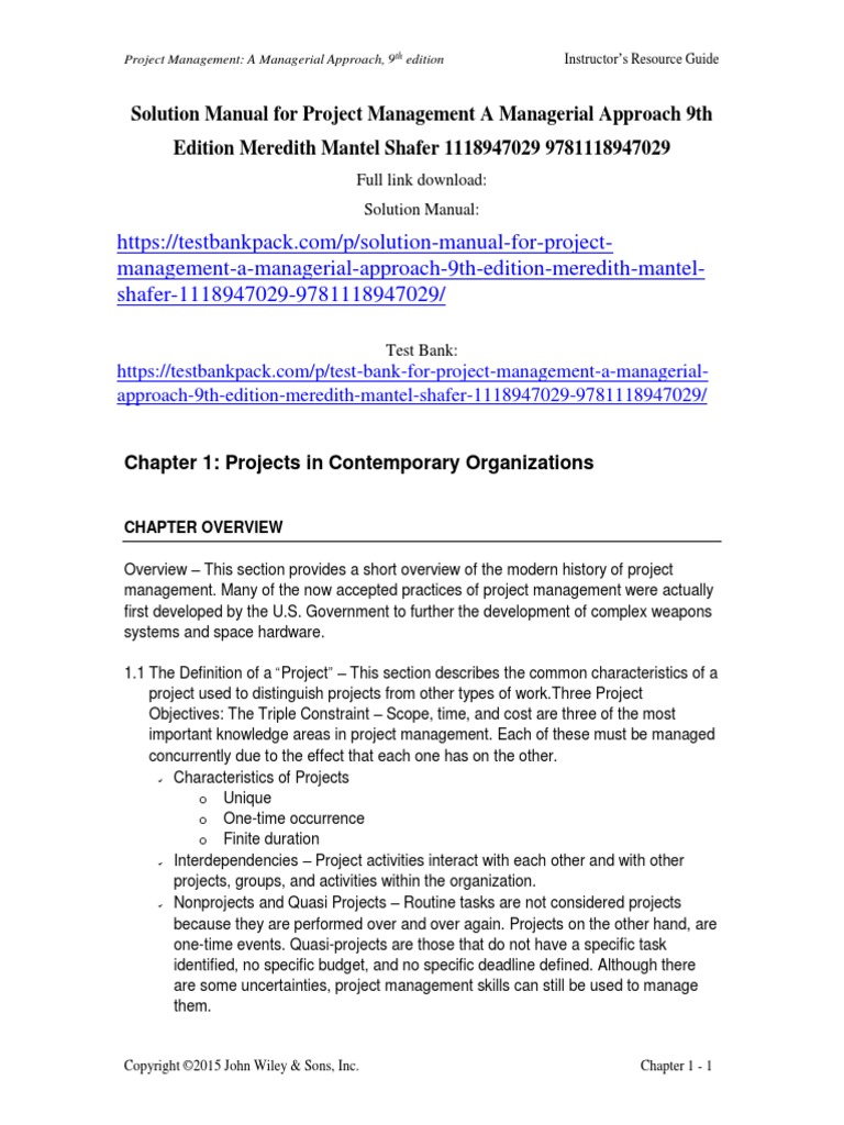 Project Management A Managerial Approach 9th Edition Meredith Mantel Shafer Solution Manual ...