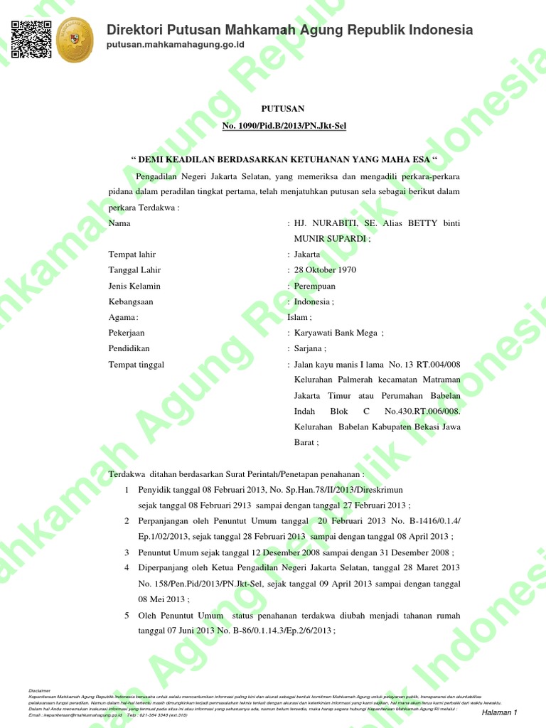 Putusan 1090 Pid.b 2013 PN - Jkt-Sel 20210322 | PDF
