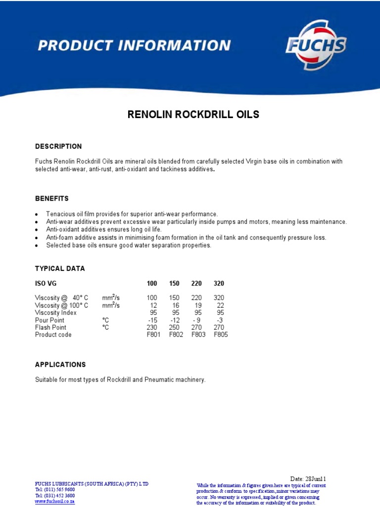 Fuchs - Renolin Rockdrill Oil (100 - 150 - 220 & 320) - 28jun11 | PDF
