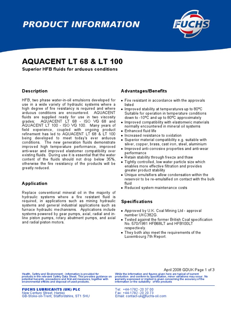 Fuchs - Aquacent LT 68 & LT 100 - Apr08 (UK) | PDF | Pump | Chemistry