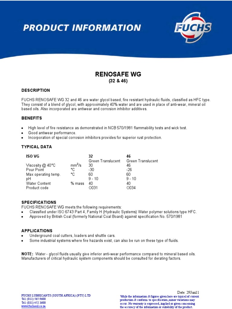 Fuchs - Renosafe WG 32 & 46 - 29jun11 | PDF | Chemical Substances ...