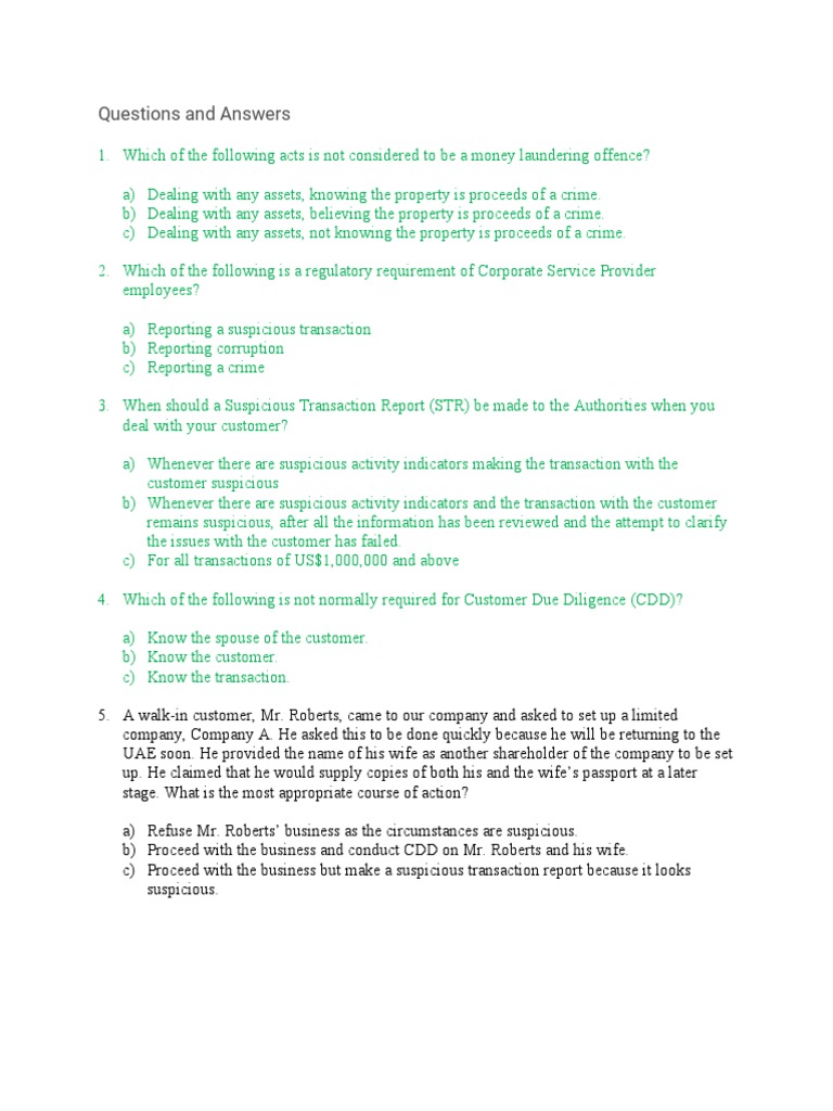 Aml CFT Questions | PDF | Money Laundering | Banks