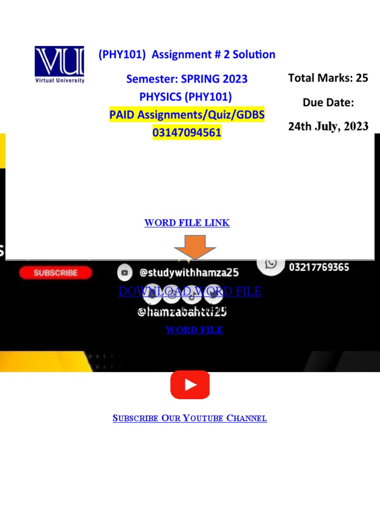 PHY101 Ass#2 Solution 2023 by @studywithhamza25 | PDF