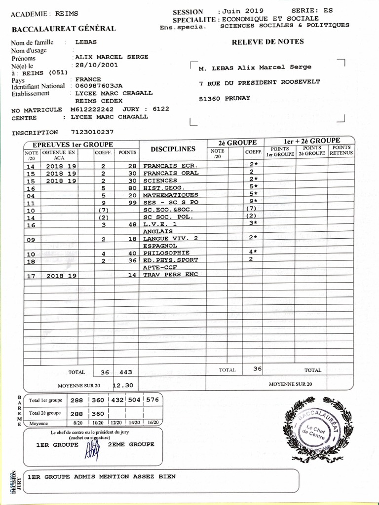 Relevé Notes Bac | PDF