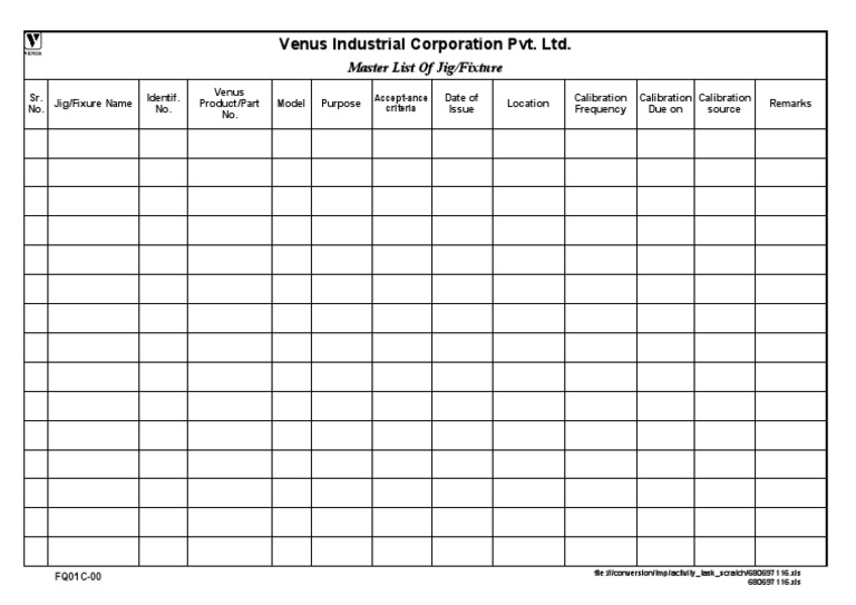 Venus Industrial Jig/Fixture Master List | PDF | Technology & Engineering