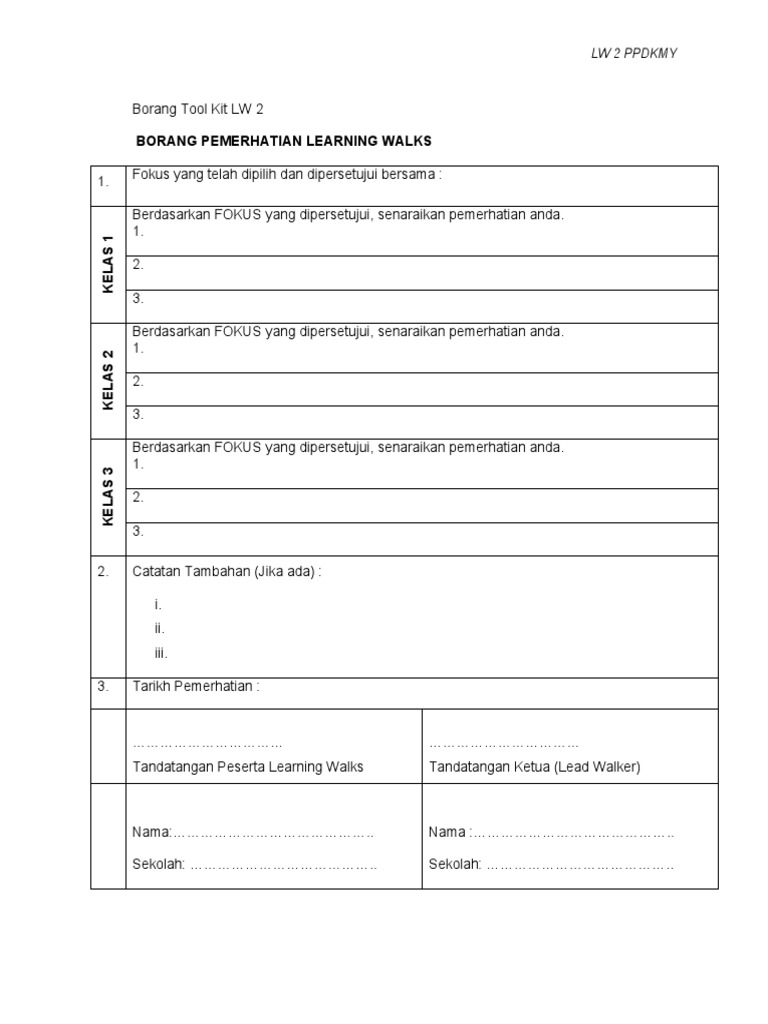 Borang Pemerhatian Learning Walks: LW 2 Ppdkmy | PDF