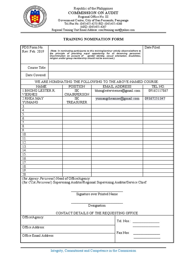 Training Nomination Sheet Barangay Timmaguab | PDF | Human Rights | Justice